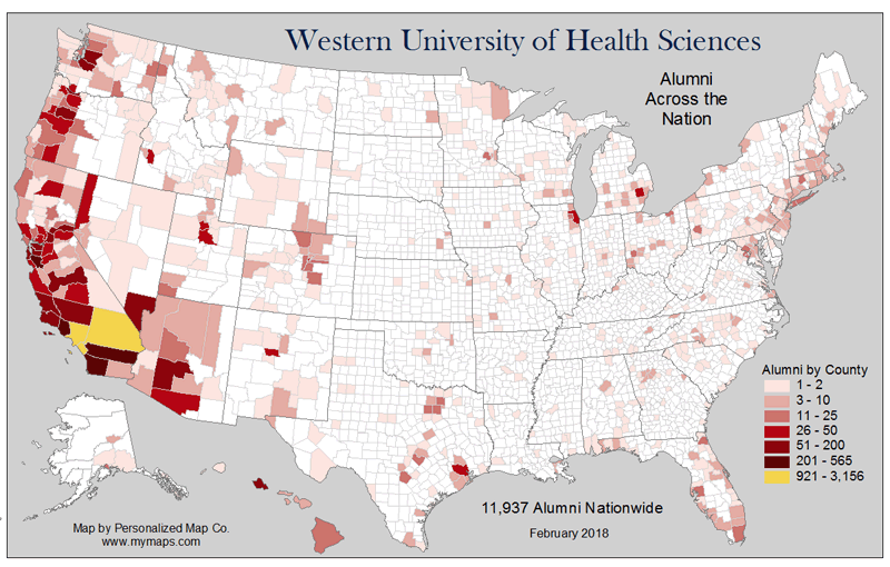 Moving your Mouse over a State reveals the Number of Alumni
